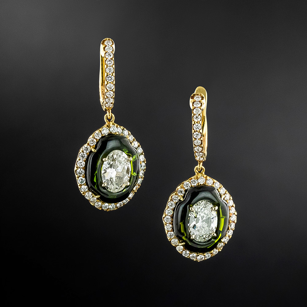 Estate Oval Diamond And Tourmaline Earrings