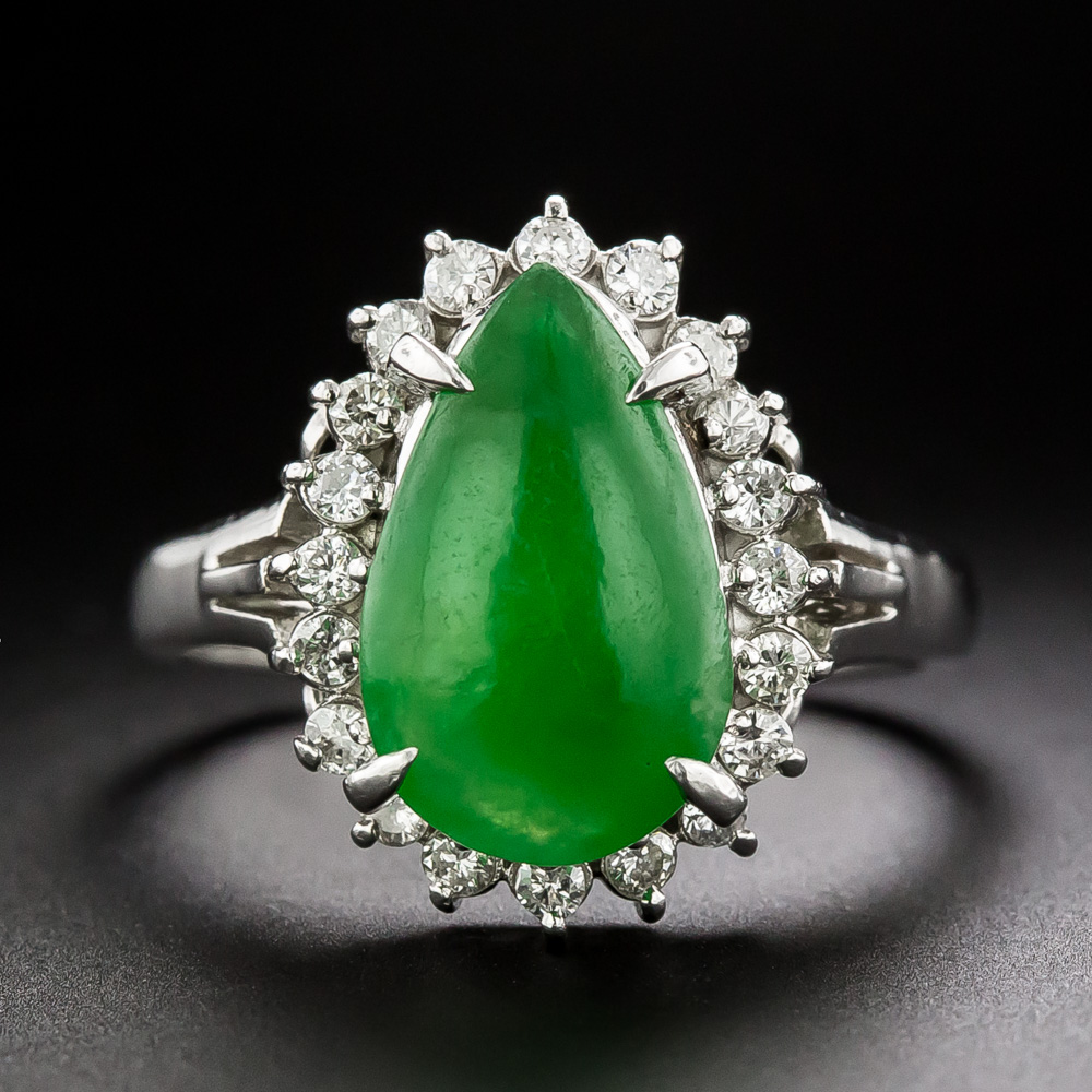 Estate Pear-Shaped Burmese Jade and Diamond Halo Ring