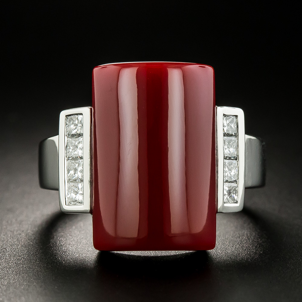 Estate Red Coral and Diamond Ring