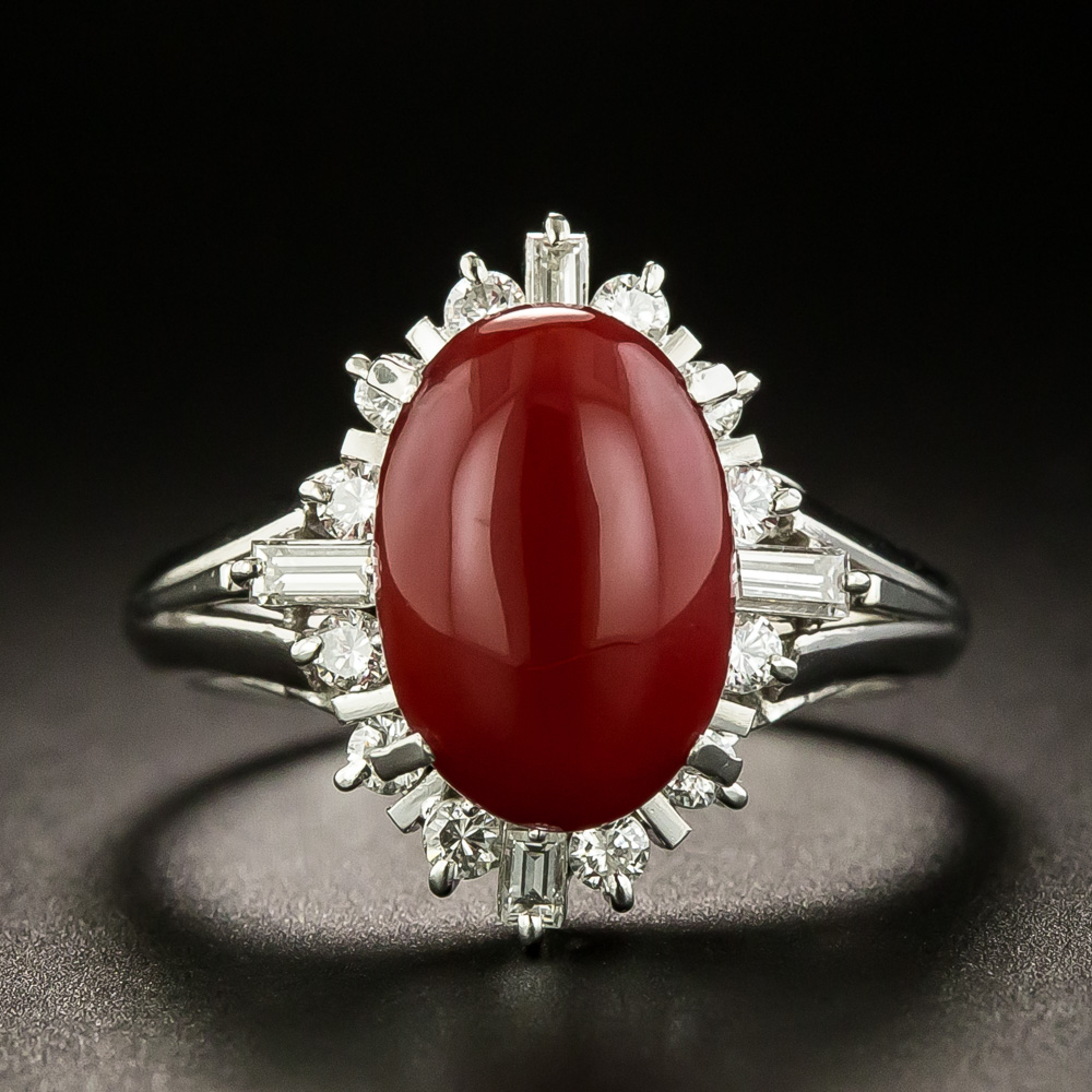 Estate Red Coral and Diamond Ring