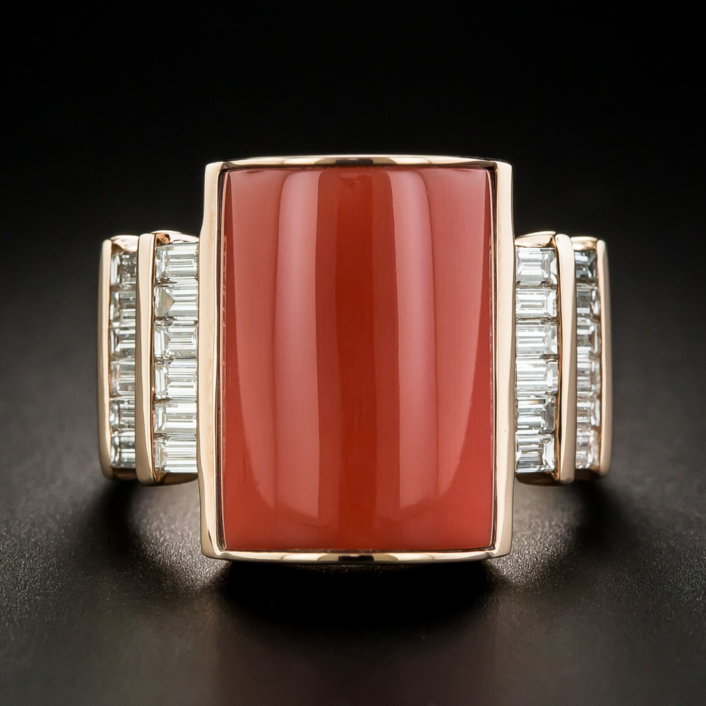 Estate Rose Gold Coral and Diamond Ring
