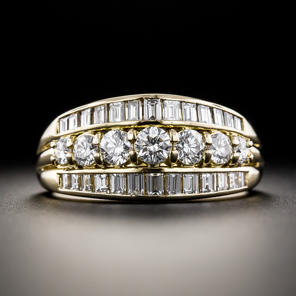 Estate Round and Baguette Diamond Three-Row Ring