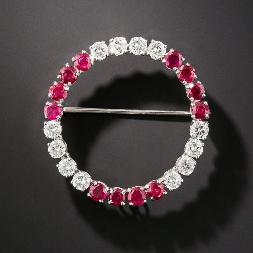 Estate Ruby and Diamond Circle Pin