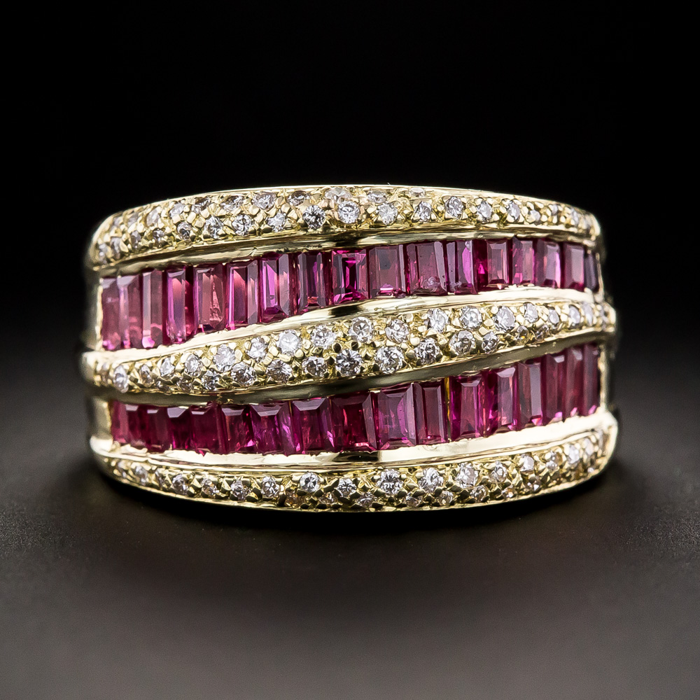 Estate Ruby and Diamond Five Row Ring