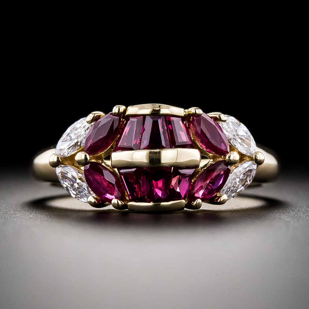 Estate Ruby and Marquise-Cut Diamond Ring