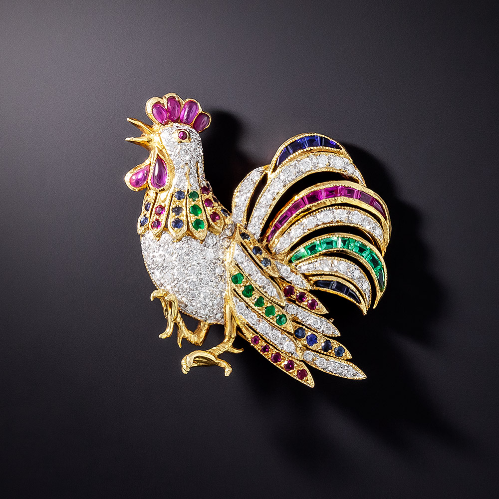 Estate Ruby, Emerald, Sapphire and Diamond Rooster Pin