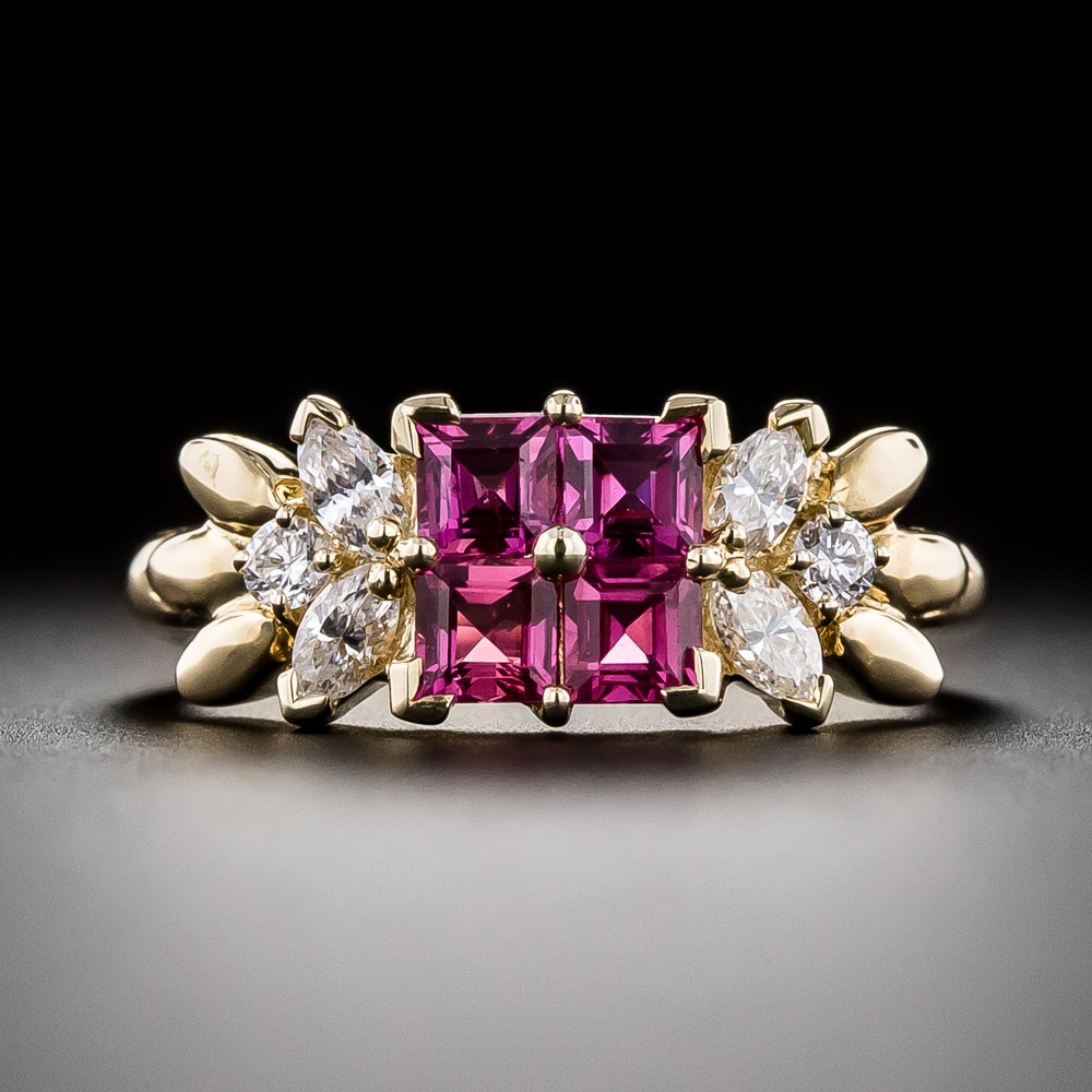 Estate Square-Cut Ruby and Diamond Ring
