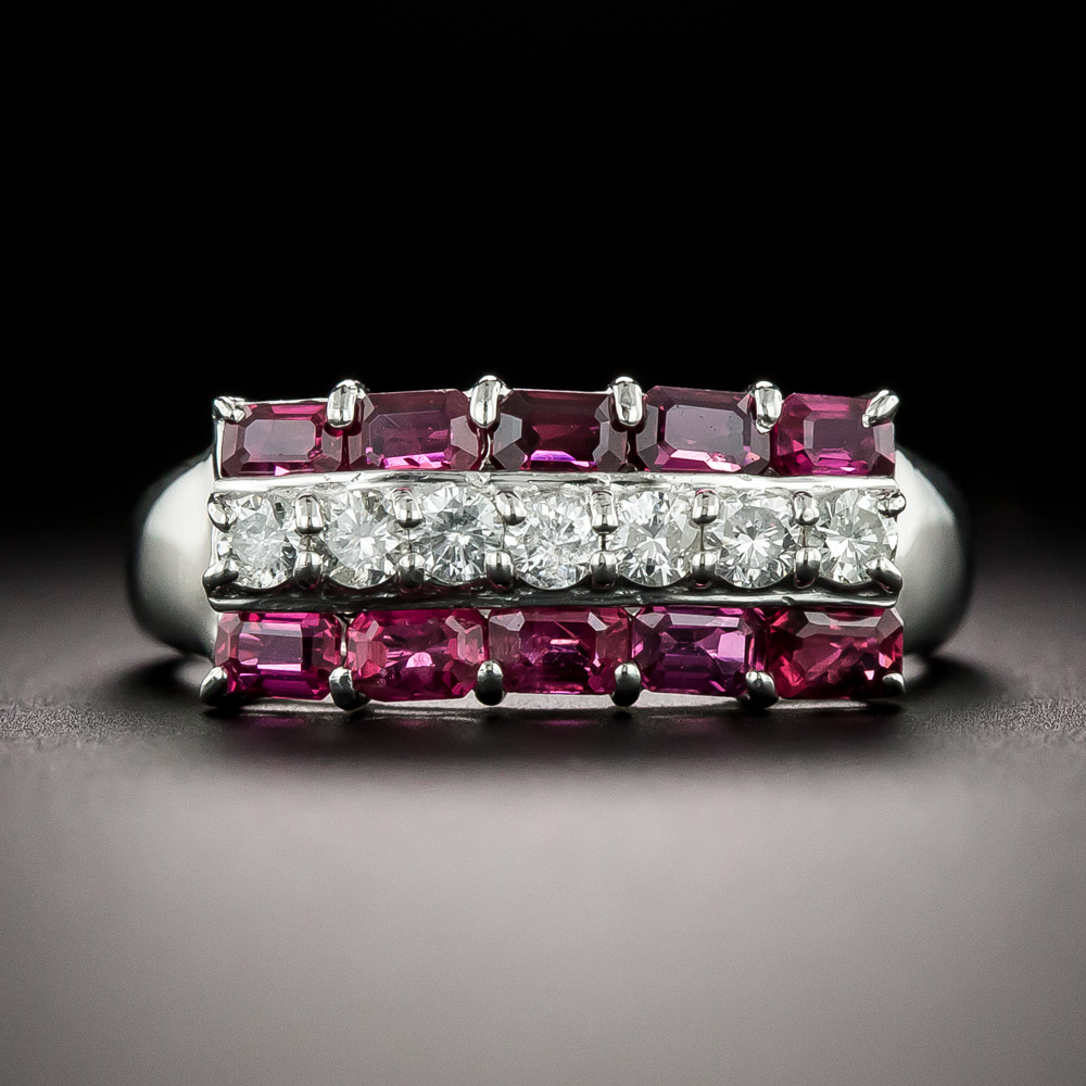Estate Three-Row Ruby and Diamond Ring