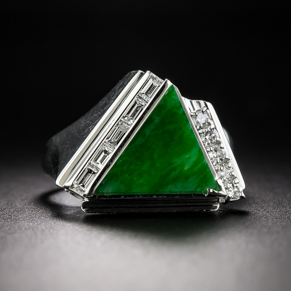 Estate Triangular Natural Jade and Diamond Ring