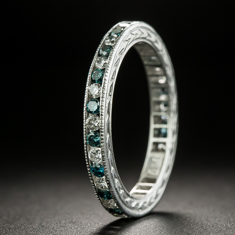 Fancy Blue (Treated) and White Diamond Eternity Band - Size 6 1/2