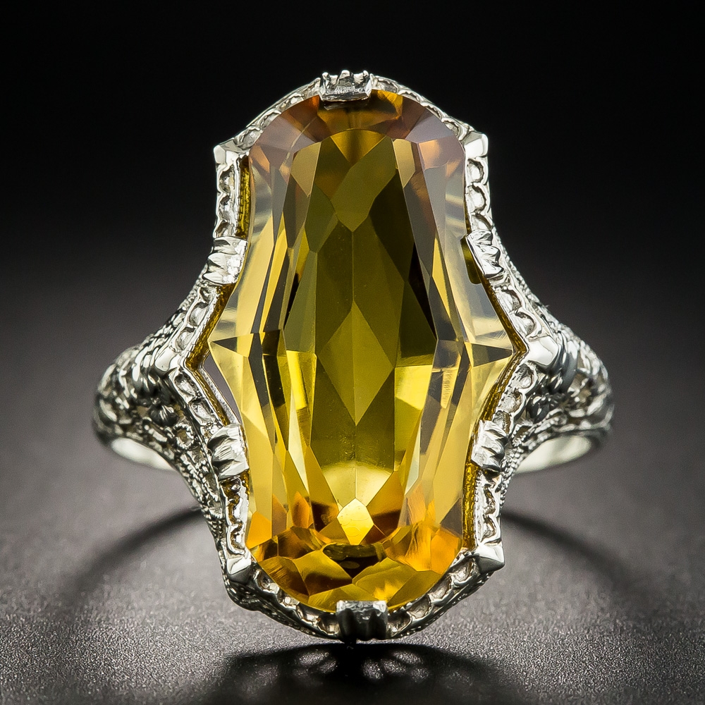 Fancy Cut Citrine Art Deco Filigree Ring