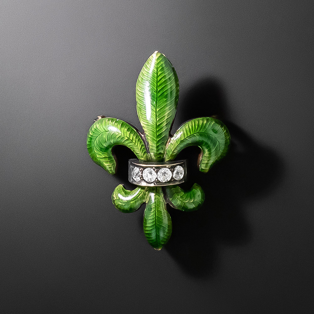 Fleur de Lys Enamel and Diamond Brooch by Riker Bros.