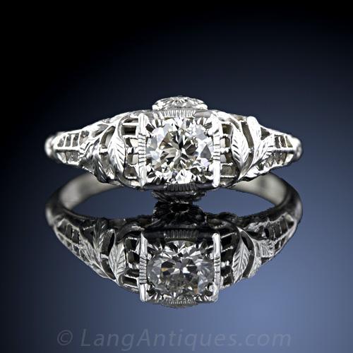 Foliate Motif Diamond Filigree Engagement Ring