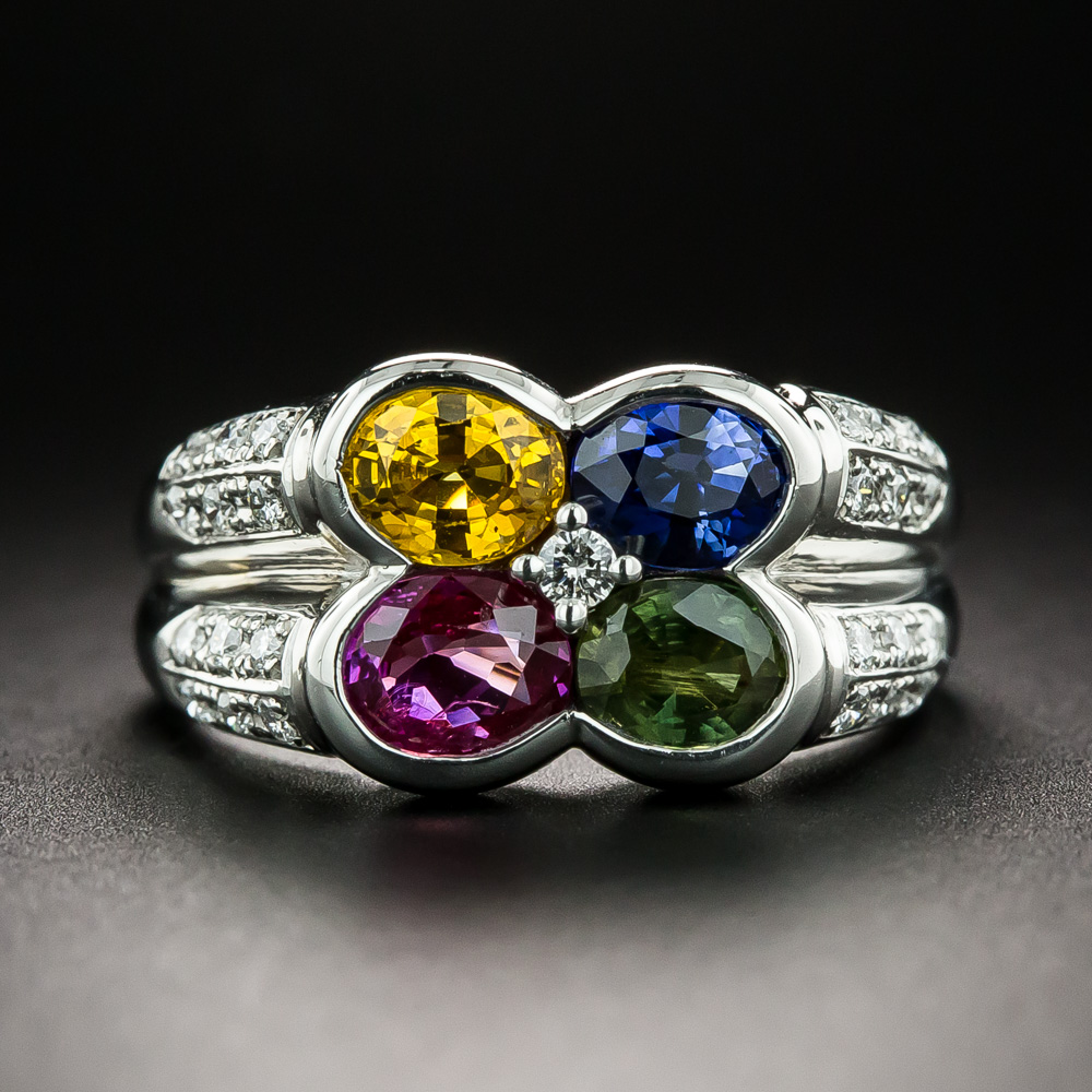 Four Color Sapphire and Diamond Ring