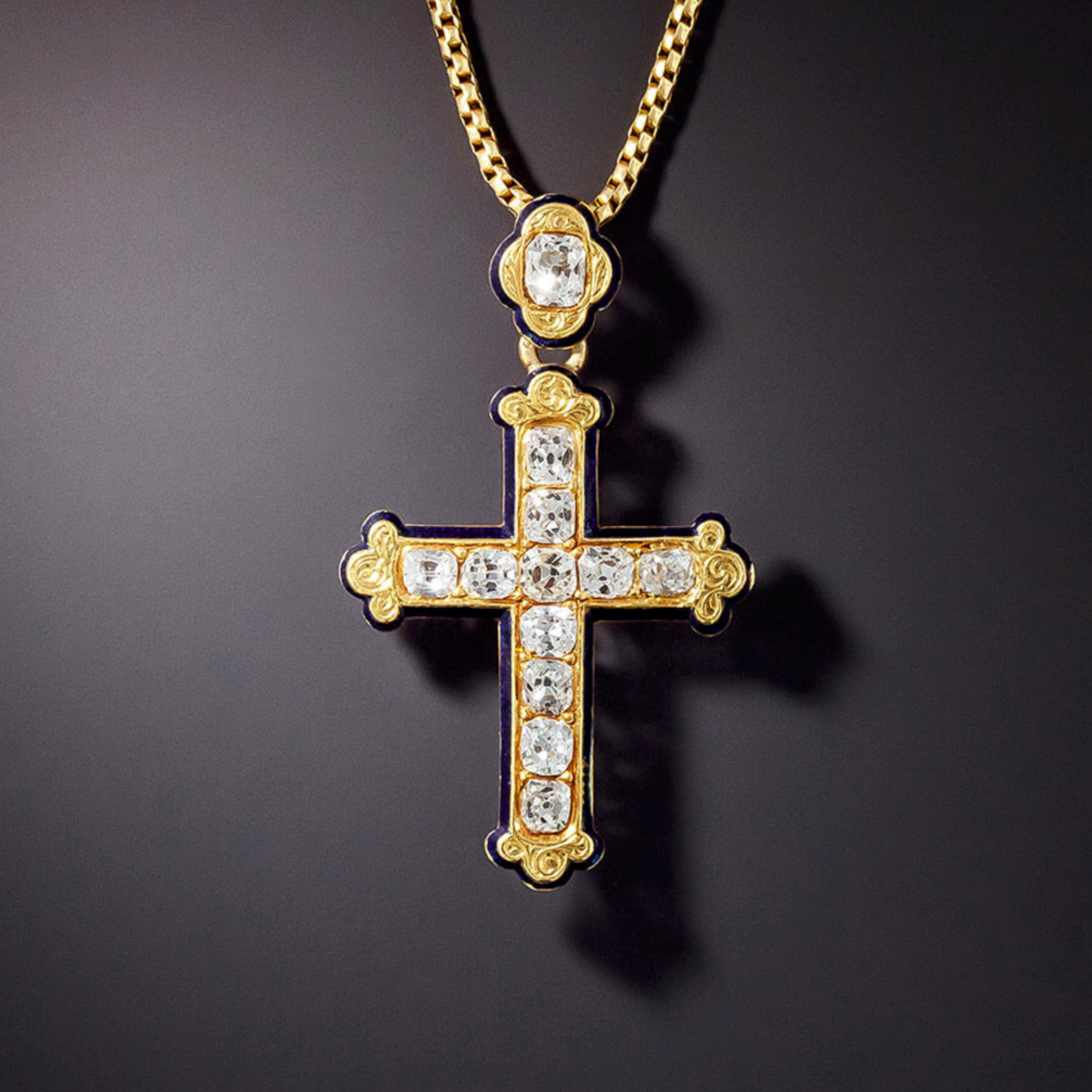 French Antique Diamond And Enamel Cross Pendant