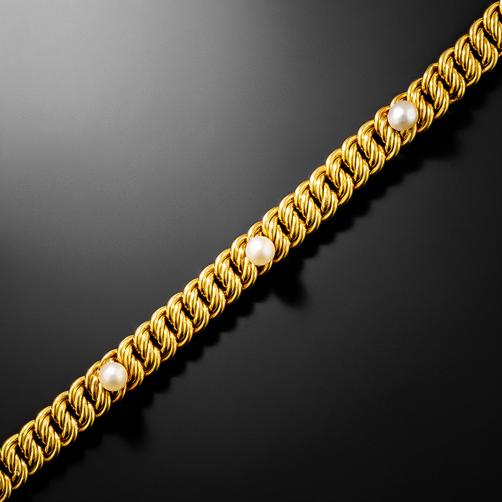French Antique Fancy Curb Link and Natural Pearl Bracelet