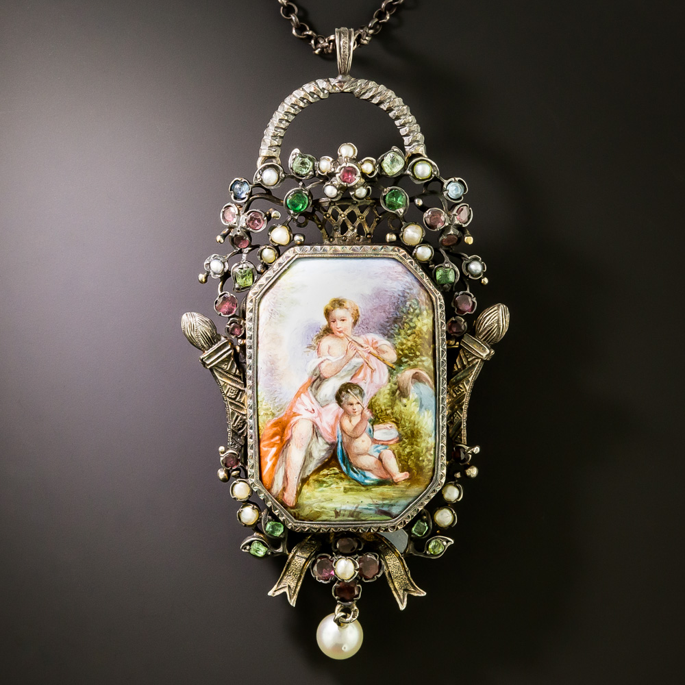 French Antique Limoges Multi-Stone Locket Pendant/Brooch