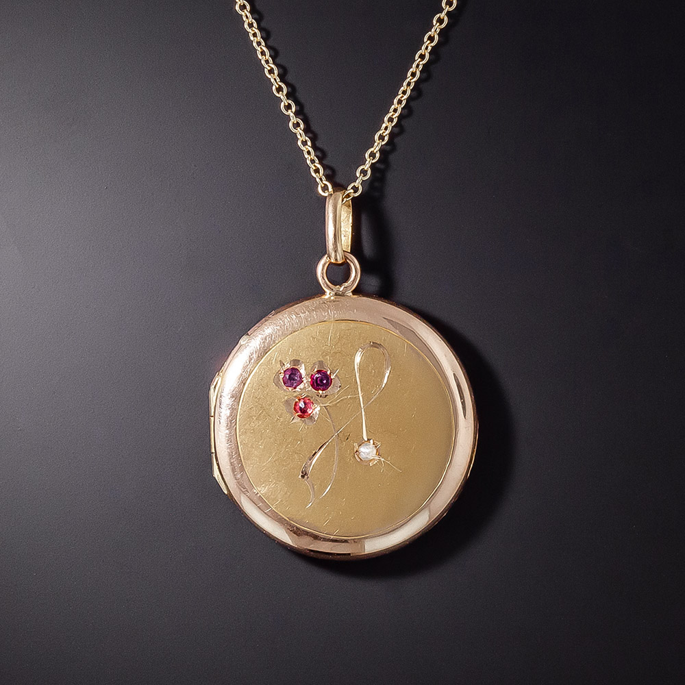 French Antique Ruby and Diamond Round Locket