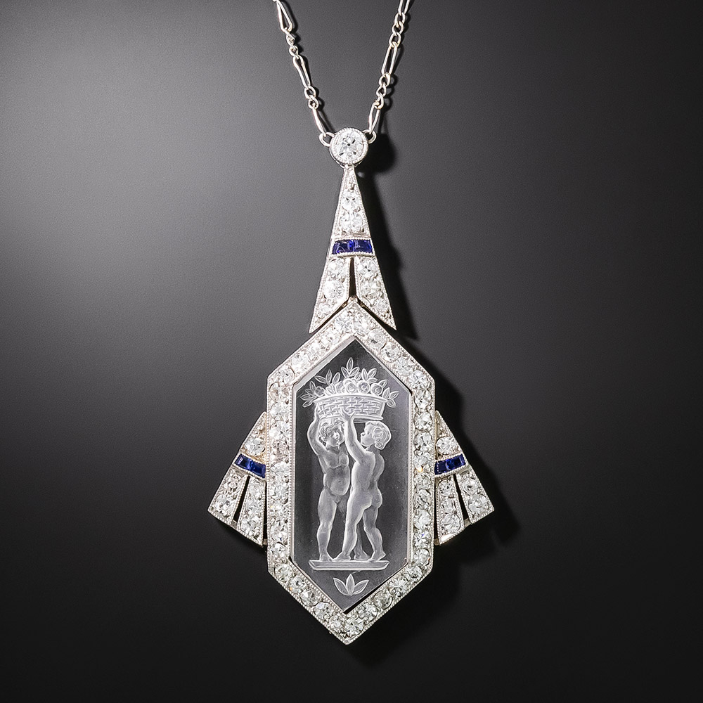 French Art Deco Crystal Intaglio, Diamond And Sapphire Lavaliere