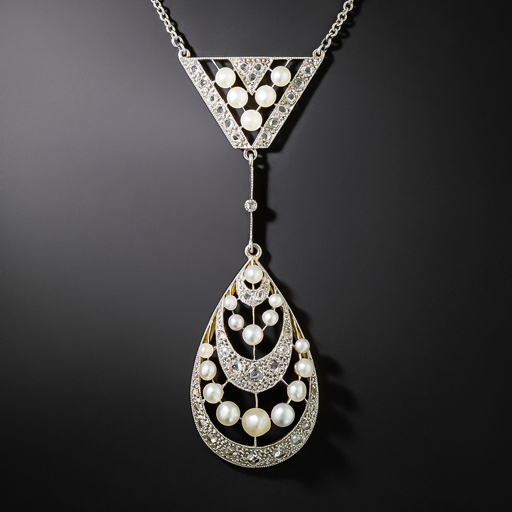 French Belle Époque Diamond and Natural Pearl Lavaliere - Special Sale ...