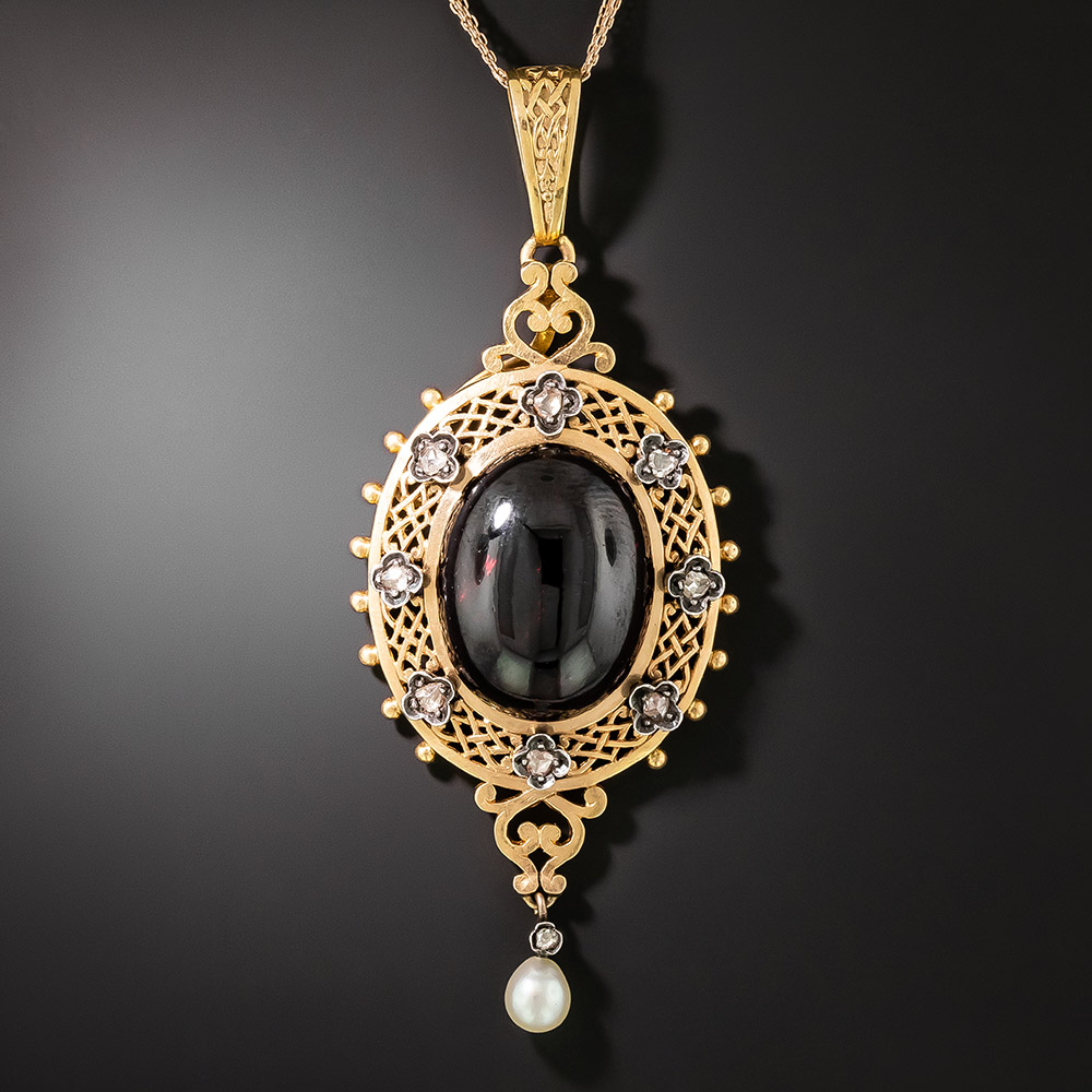 French Cabochon Garnet, Diamond and Pearl Lavalière, c.1837-1847