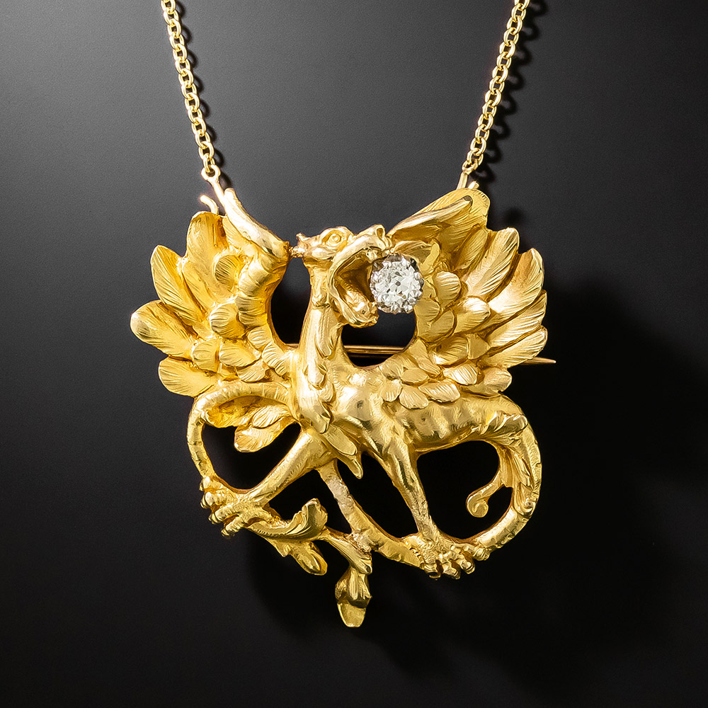 French Diamond Griffin Pendant/Brooch, Circa 1900