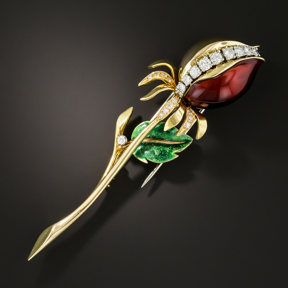 French Enameled Flower Bud Brooch