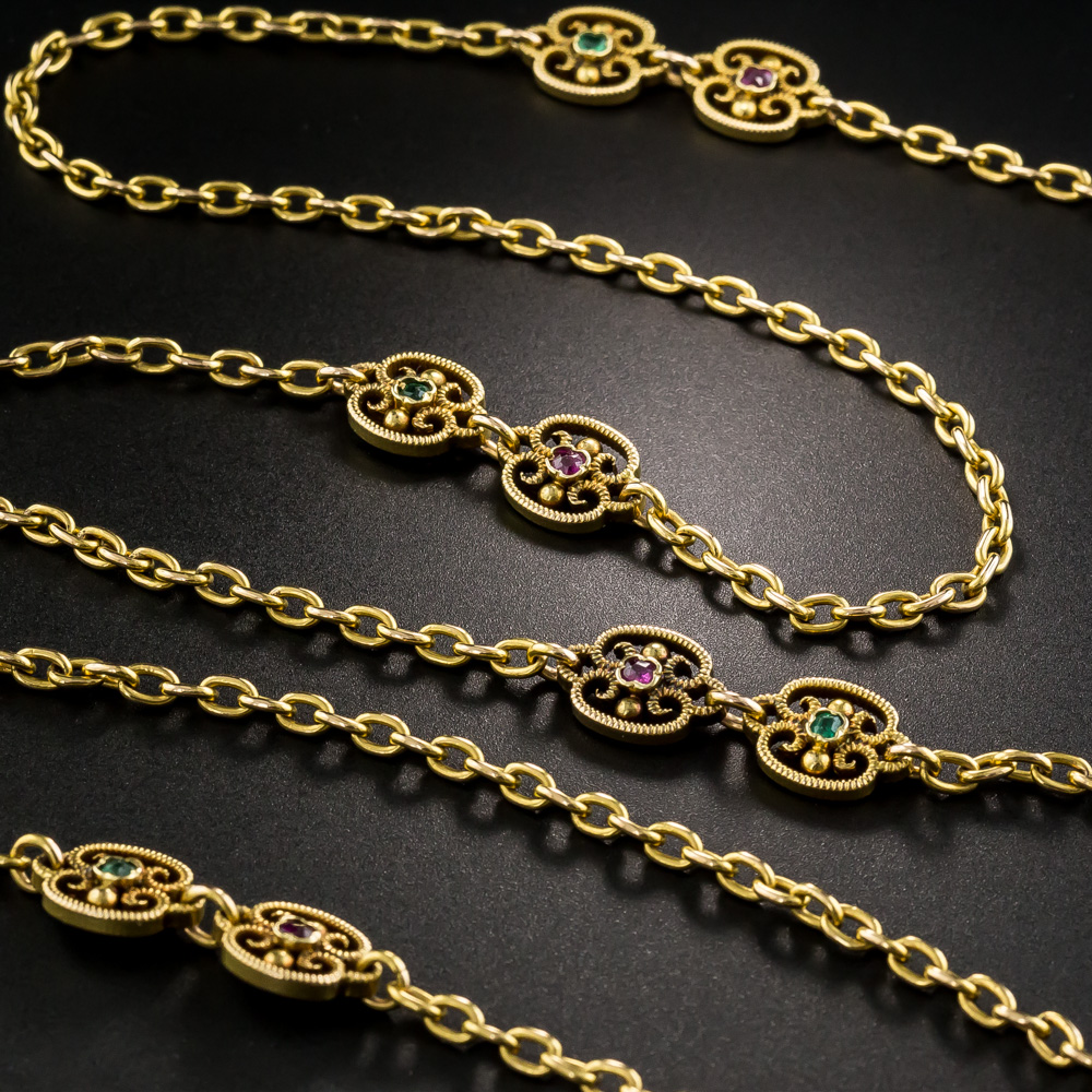 French 18K Gold Long Chain with Emeralds and Rubies