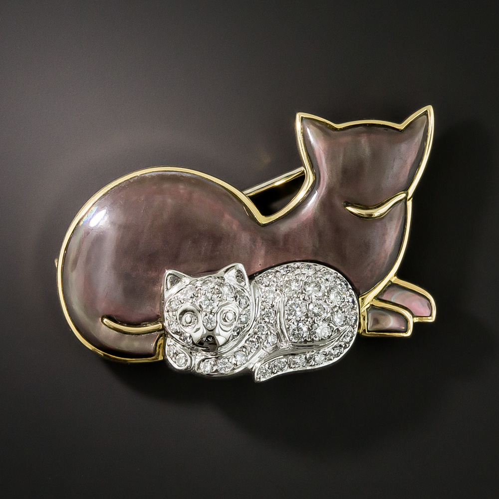 French Mother-Of-Pearl Diamond Cat Brooch