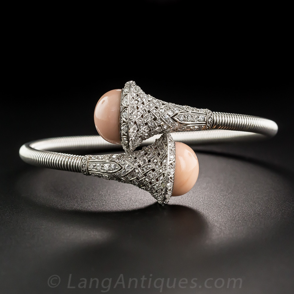 French Platinum Coral and Diamond Springy Bangle Bracelet