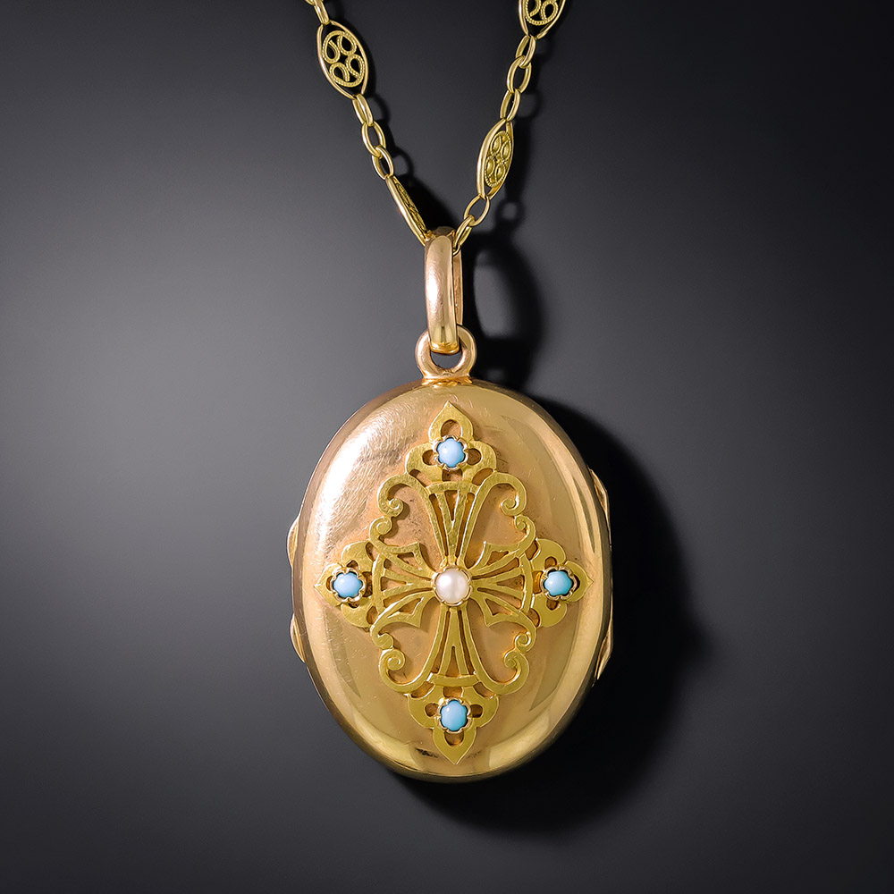French Turquoise and Pearl Locket Necklace, Circa 1900