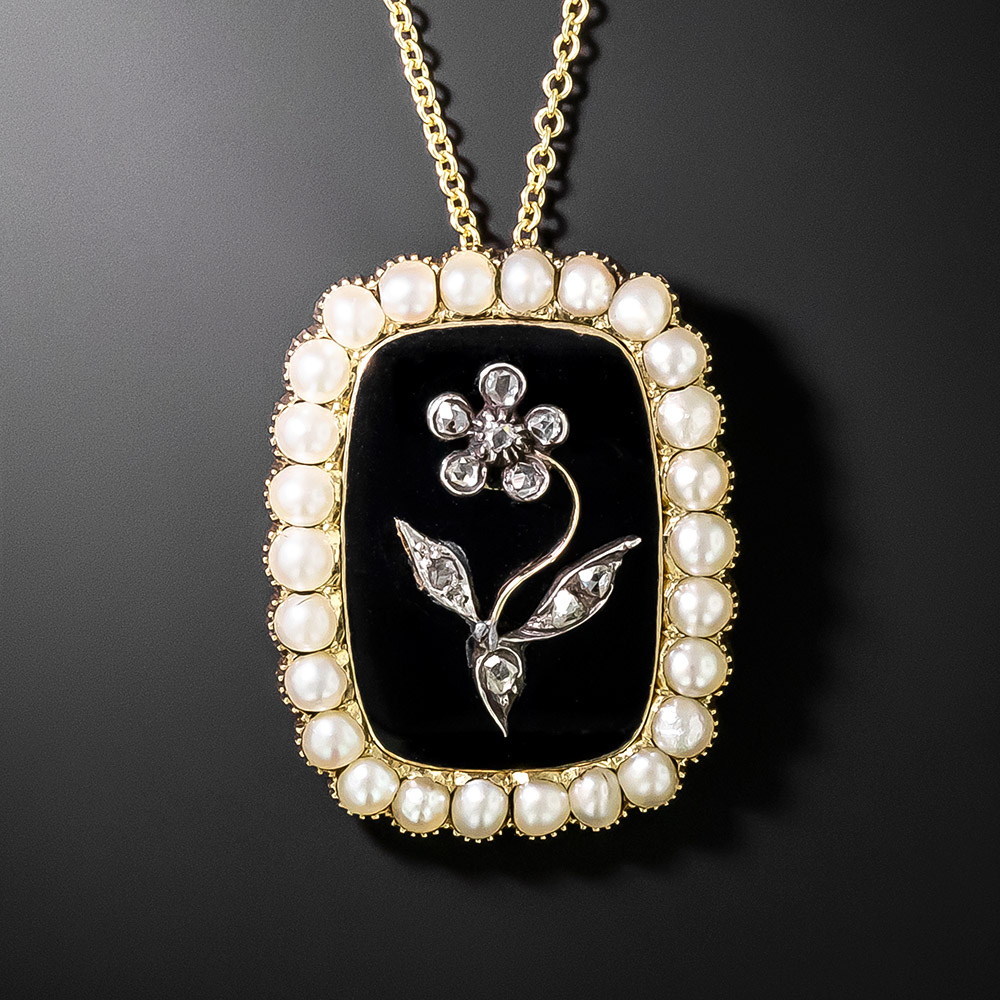 Georgian Diamond, Pearl and Black Enamel Flower Locket