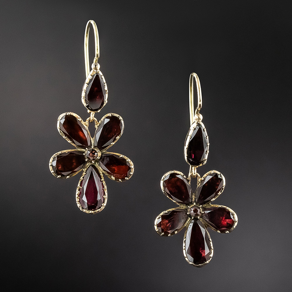 Georgian Garnet Flower Dangle Earrings