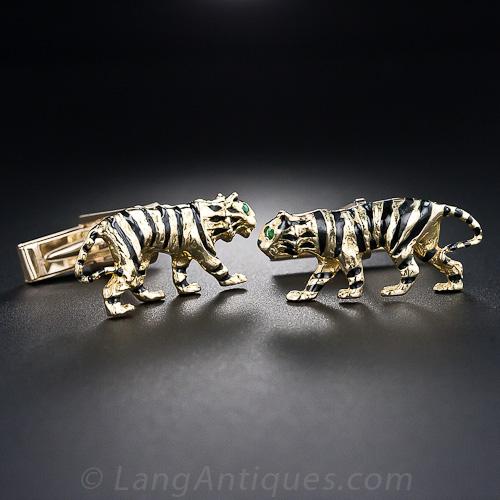 Gold and Black Enamel Tiger Cufflinks