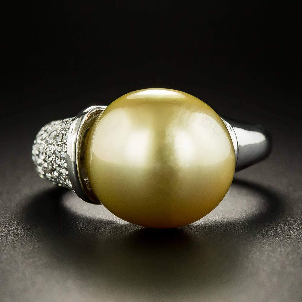 Golden South Sea Pearl and Pavé Diamond Ring