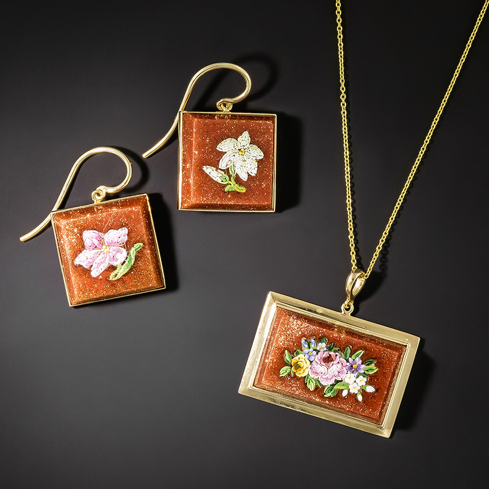 Goldstone Glass Micromosaic Pendant and Earring Set, Circa 1900