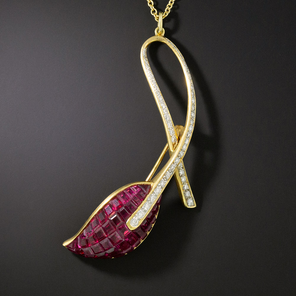Invisible Set Ruby and Diamond Leaf Pendant/Brooch