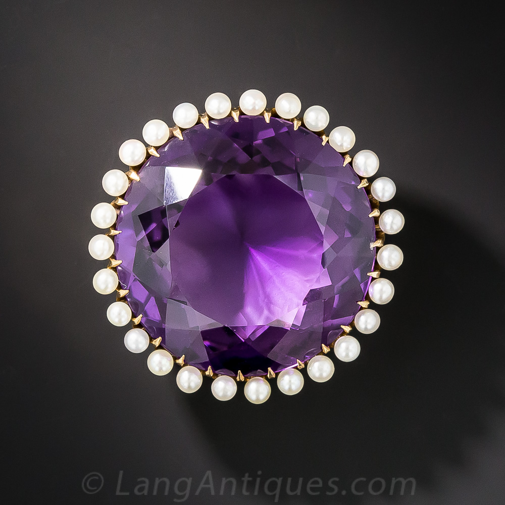 Large Antique Amethyst and Pearl Pin