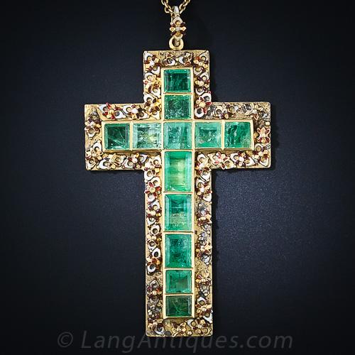 Large Antique Emerald and Enamel Cross