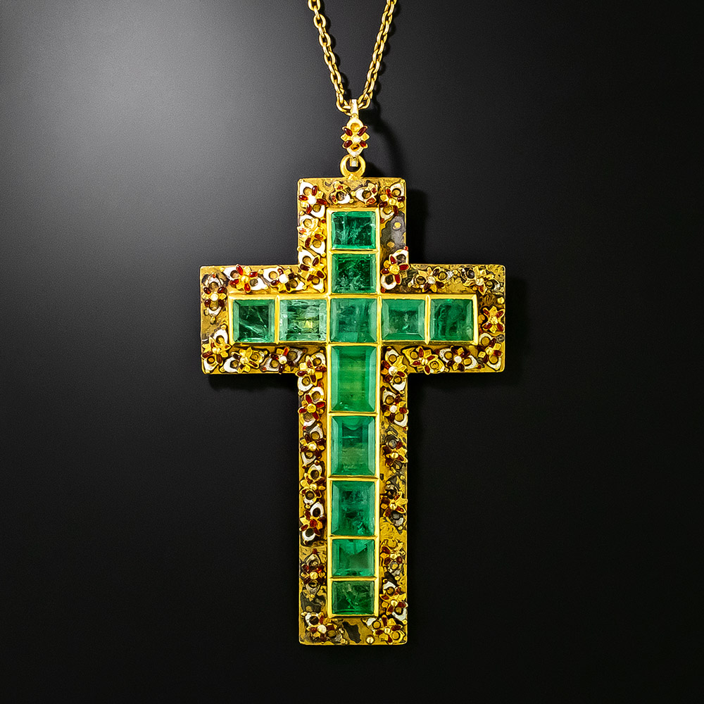 Large Antique Emerald and Enamel Cross