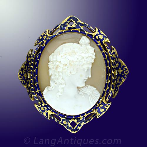 Large Cameo with Cobalt Enamel Frame