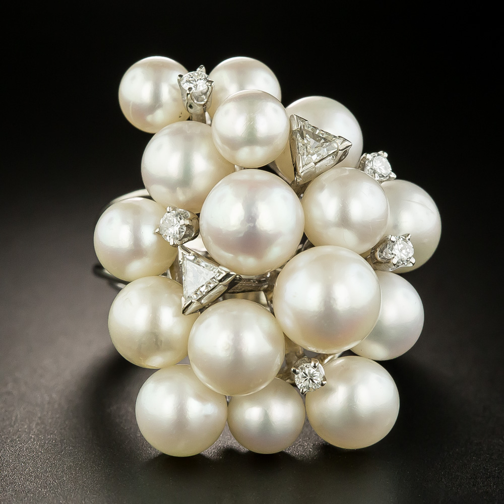 Large Cultured Pearl and Diamond Cluster Ring