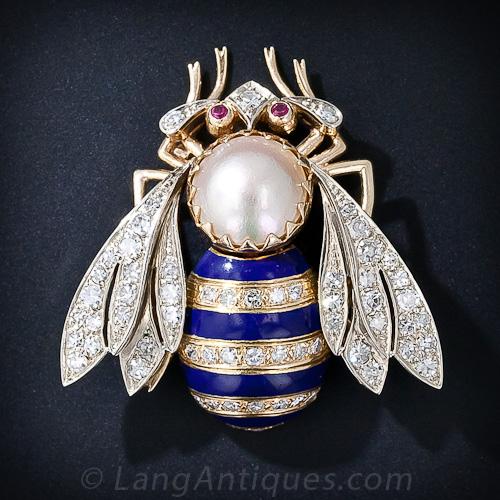 Large Diamond and Enamel Bee Pin