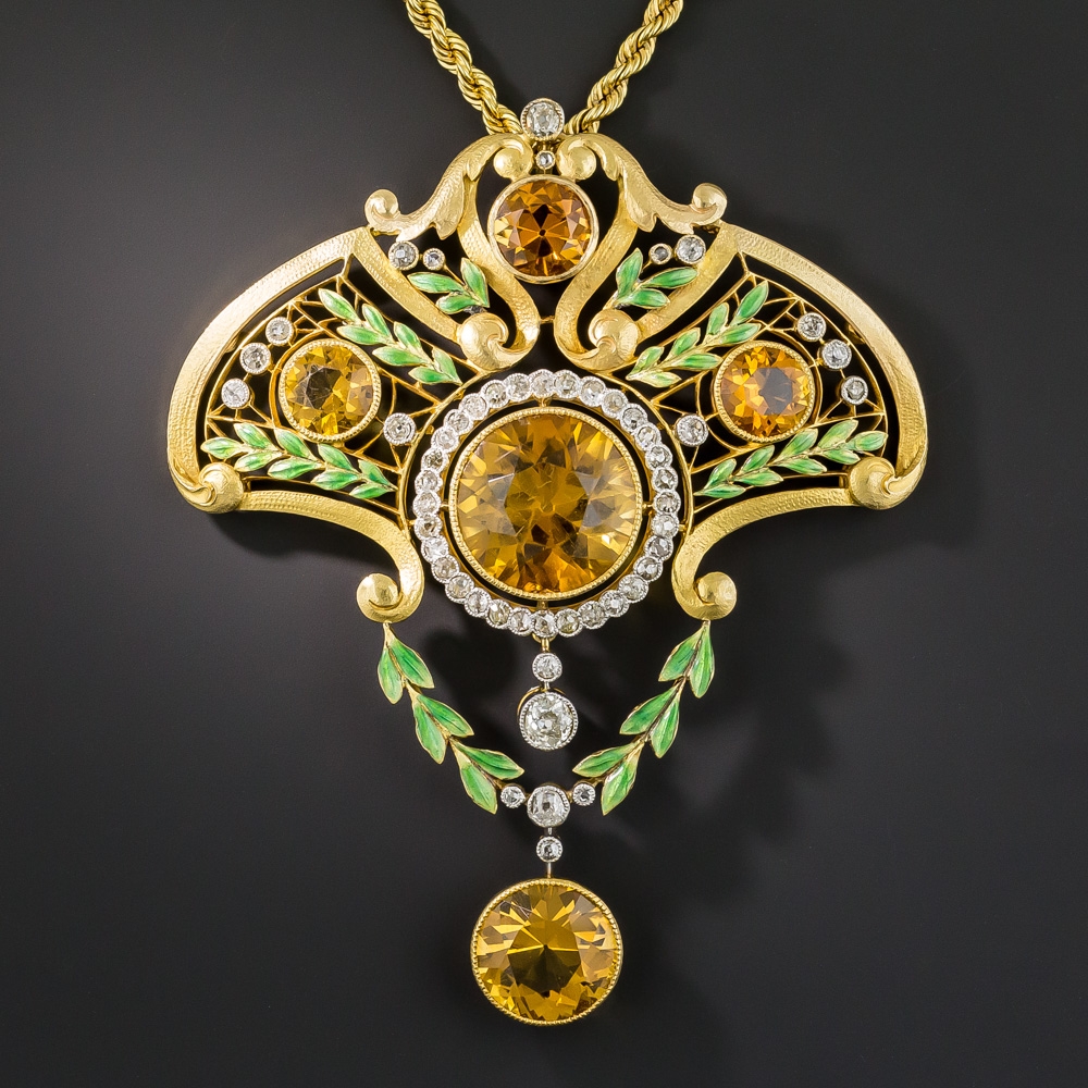 Large French Art Nouveau Citrine and Diamond Lavalière Necklace