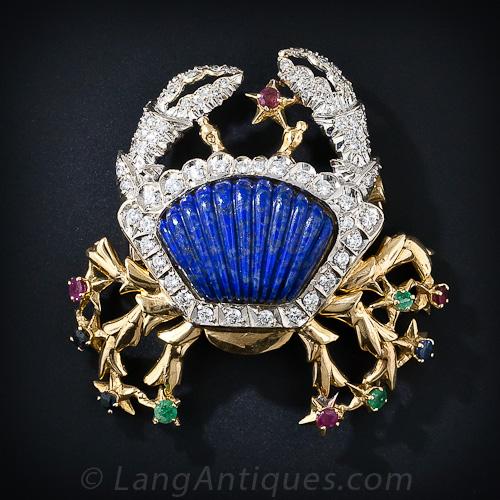 Large Lapis Lazuli, Diamond, Multi-Stone Crab Clip-Brooch/Pendant