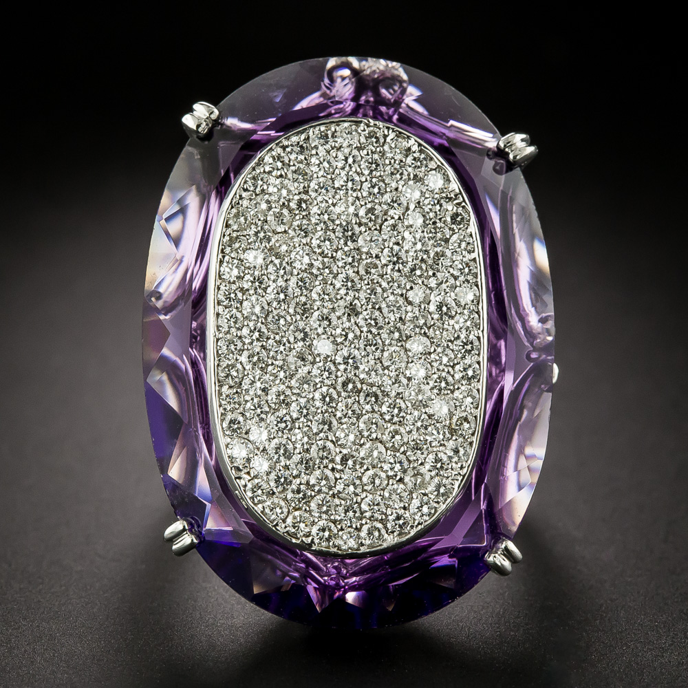 Large Pavé Diamond and Amethyst Ring