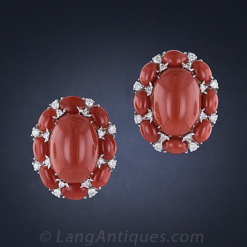 Large Red Coral and Diamond Cluster Earrings