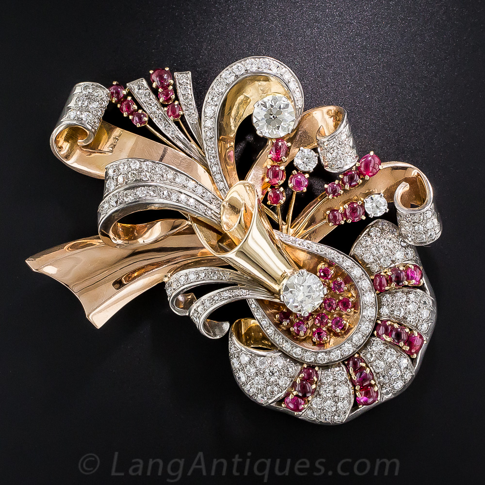 Large Retro Diamond and Ruby Brooch