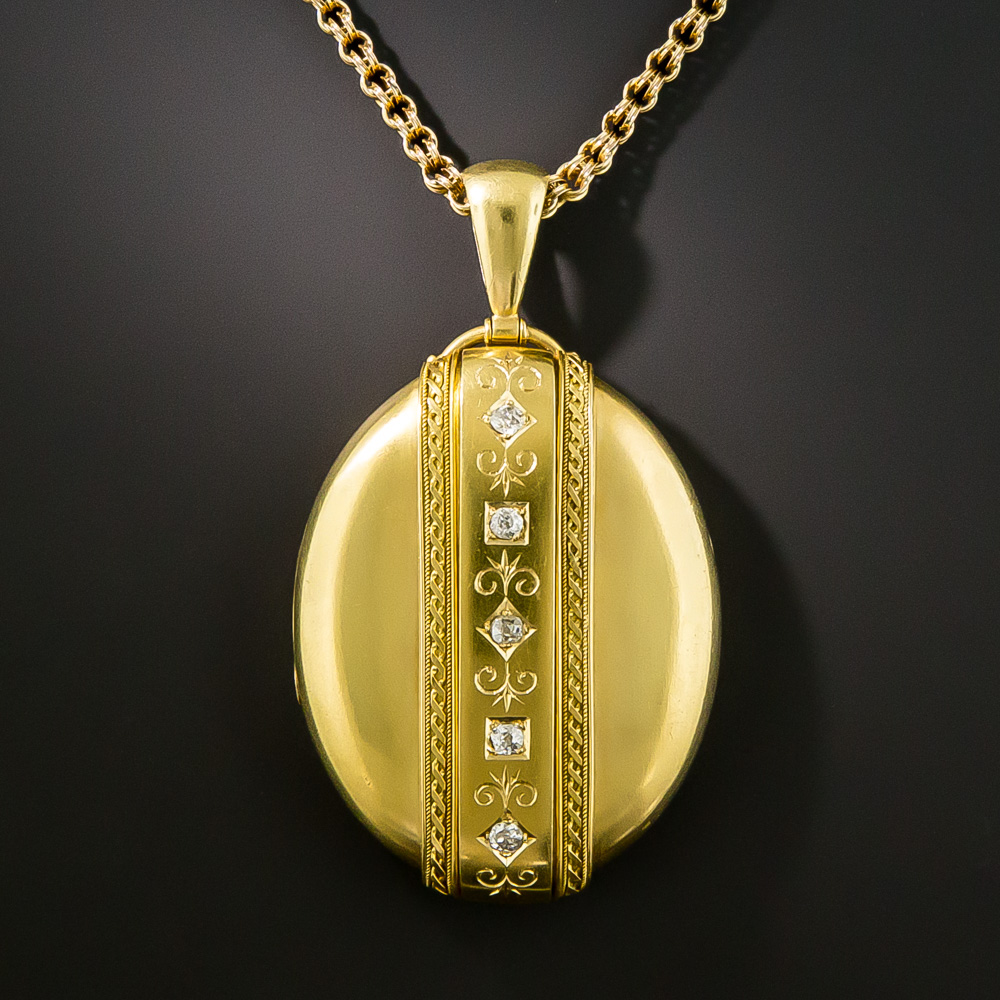 Large Victorian 15K Diamond Locket And 14K Chain