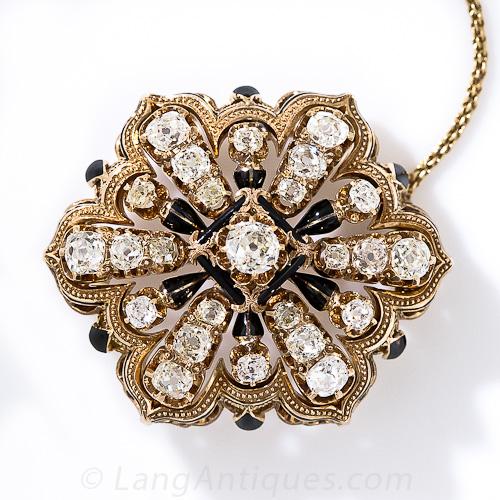 Large Victorian Diamond and Enamel Brooch